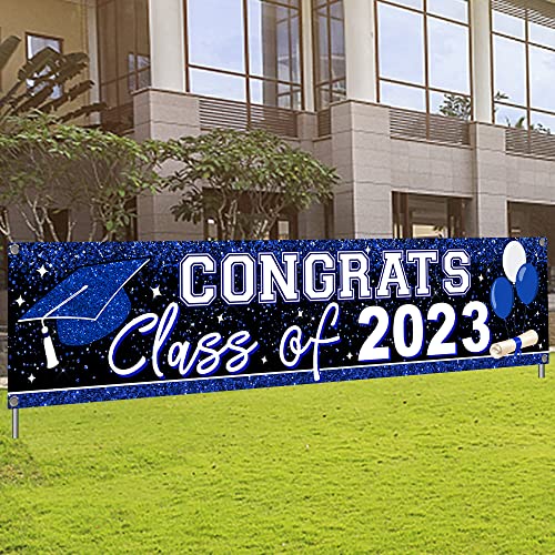 Large Congrats Grad Banner Blue Class of 2023 Banner Backdrop Graduation 2023 Yard Sign for Graduation Party Supplies Graduation Decorations 2023 (Blue)