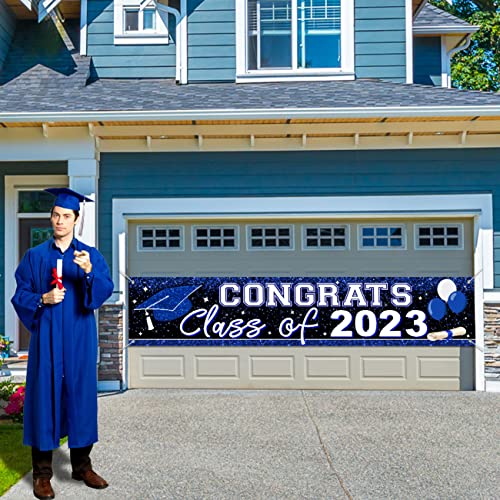 Large Congrats Grad Banner Blue Class of 2023 Banner Backdrop Graduation 2023 Yard Sign for Graduation Party Supplies Graduation Decorations 2023 (Blue)