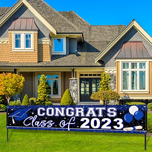 Large Congrats Grad Banner Blue Class of 2023 Banner Backdrop Graduation 2023 Yard Sign for Graduation Party Supplies Graduation Decorations 2023 (Blue)