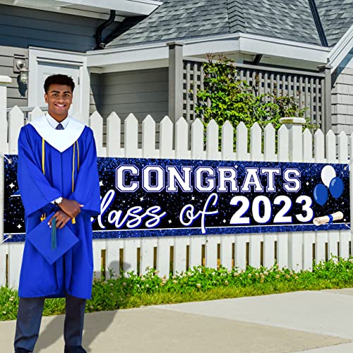 Large Congrats Grad Banner Blue Class of 2023 Banner Backdrop Graduation 2023 Yard Sign for Graduation Party Supplies Graduation Decorations 2023 (Blue)