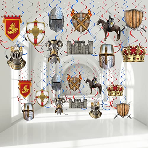 22 Pcs Medieval Knight Birthday Decorations Medieval Hanging Swirls Knight Crown Stone Wall Medieval Party Decorations Spiral Renaissance Decor Castle Decorations for Medieval Themed Party Supplies