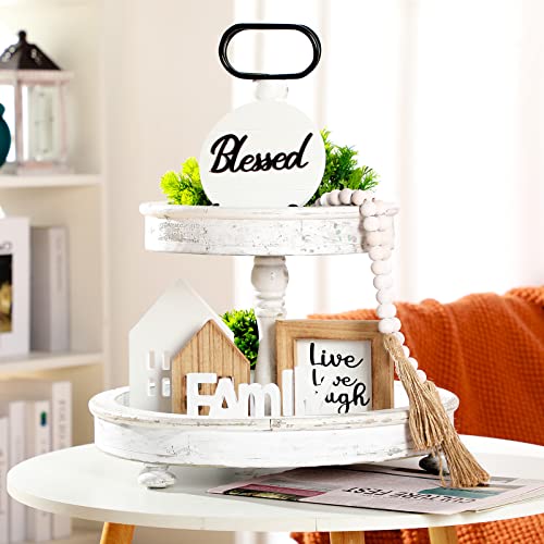 Yalikop 9 Pieces Farmhouse Decor for Tiered Tray, Rustic Wooden Mini Sign Farmhouse Table Centerpieces with Artificial Plant, String Light, Plastic Stand for Kitchen Table Decor, Housewarming Gift