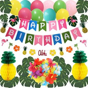 thaway hawaiian flamingo pineapple decor luau party supplies birthday decorations includes birthday banner, artificial tropical palm leaves, hibiscus flowers, tissue paper pineapples, party balloons