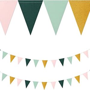 Sage Green Pink Gold Pennant Banner,2 Pack Glitter Paper Triangle Flags,Baby Bridal Shower Safari Birthday Tropical Party Decorations Jungle Theme Wedding Bachelorette Engagement Bunting Lasting Surprise