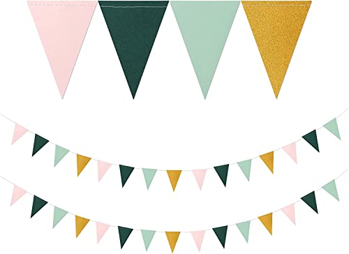 Sage Green Pink Gold Pennant Banner,2 Pack Glitter Paper Triangle Flags,Baby Bridal Shower Safari Birthday Tropical Party Decorations Jungle Theme Wedding Bachelorette Engagement Bunting Lasting Surprise