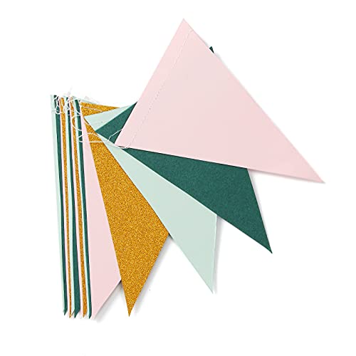 Sage Green Pink Gold Pennant Banner,2 Pack Glitter Paper Triangle Flags,Baby Bridal Shower Safari Birthday Tropical Party Decorations Jungle Theme Wedding Bachelorette Engagement Bunting Lasting Surprise