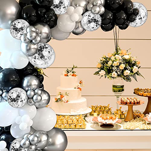 Black Silver Balloons Garland Kit - 100Pcs Black White Metallic Silver and Silver Confetti Latex Balloons Arch for Wedding Engagement Birthday Party Decorations