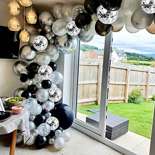 Black Silver Balloons Garland Kit - 100Pcs Black White Metallic Silver and Silver Confetti Latex Balloons Arch for Wedding Engagement Birthday Party Decorations