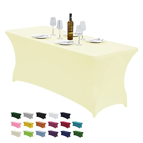 CWK 6FT Stretch Spandex Table Cover for Rectangular Fitted Folding Tables, Wrinkle Resistant, Elastic Stretchable Patio Tablecloth Protector for Party, Banquet, Wedding and Events (Beige)