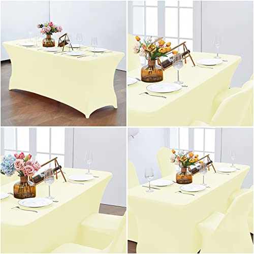 CWK 6FT Stretch Spandex Table Cover for Rectangular Fitted Folding Tables, Wrinkle Resistant, Elastic Stretchable Patio Tablecloth Protector for Party, Banquet, Wedding and Events (Beige)