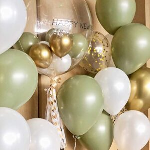 Matte Sage Green Balloons Eucalyptus Pearl White Gold Balloons Wedding Gender Neutral Baby Shower Olive Green Birthday Party Balloon Supplies 50 Count ( 12 inch )