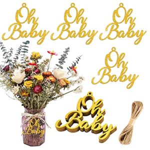 cinpiuk 20pcs oh baby mason jar tags baby shower centerpieces gender reveal glitter gold decorations, oh baby cutouts bonus 10 yards burlap string