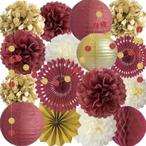 ansomo burgundy and gold party decorations maroon wine dark red paper fans lanterns tissue pom poms wall hanging decor supplies bridal baby shower birthday wedding graduation