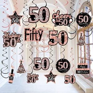 30pcs rose gold 50th birthday hanging swirl decorations for women, cheers to 50 years birthday foil swirls party supplies, fifty bday ceiling hanging sign decor