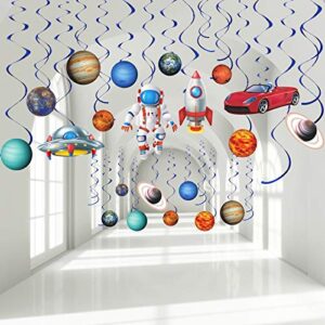 outer space party decoration hanging swirls, blue solar system planet party ufo rocket astronaut sign foil swirls ceiling decoration for kids boys space birthday party decorations supplies, 30 pieces