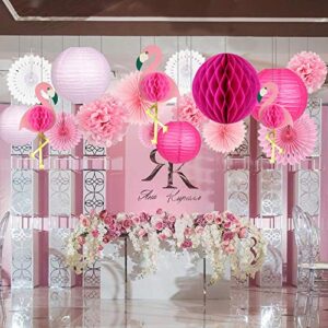 Tropical Party Decorations Pink Flamingo Party Supplies Pom Poms Paper Flowers Tissue Paper Fan Paper Lanterns for Hawaiian Summer Beach Luau Party