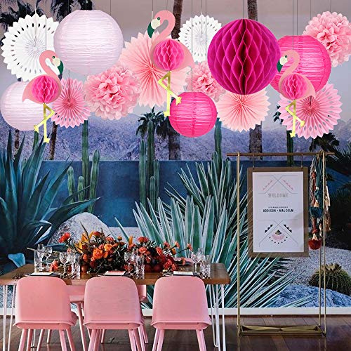 Tropical Party Decorations Pink Flamingo Party Supplies Pom Poms Paper Flowers Tissue Paper Fan Paper Lanterns for Hawaiian Summer Beach Luau Party