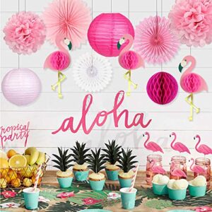 Tropical Party Decorations Pink Flamingo Party Supplies Pom Poms Paper Flowers Tissue Paper Fan Paper Lanterns for Hawaiian Summer Beach Luau Party