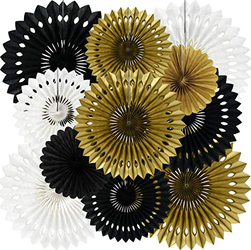 BEISHIDA Black Gold White Hanging Honeycomb Round Paper Fans Decoration Set for New Year Baby Shower Birthday Wedding Bachelorette Photo Booth Backdrops Anniversary Paper Party Supplies（11packs）