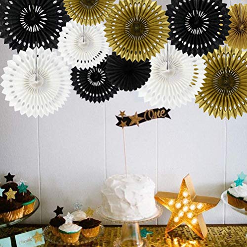 BEISHIDA Black Gold White Hanging Honeycomb Round Paper Fans Decoration Set for New Year Baby Shower Birthday Wedding Bachelorette Photo Booth Backdrops Anniversary Paper Party Supplies（11packs）