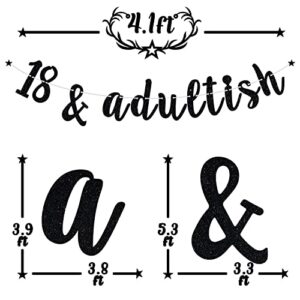 Black Glitter 18 and Adultish Banner, Time To Adult/Cheers to 18 Years/18 Years Love Blessed, 18th Birthday Party Decorations for Girls Boys