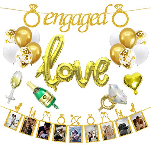 Engagement Wedding Decorations,Gold Engaged Banner, Photo Banner and Set of 12+5 distinctive Balloons for Engagement/Wedding/Anniversary/Valentines Day Party