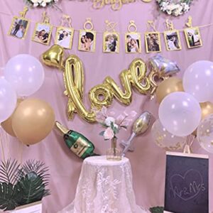 Engagement Wedding Decorations,Gold Engaged Banner, Photo Banner and Set of 12+5 distinctive Balloons for Engagement/Wedding/Anniversary/Valentines Day Party