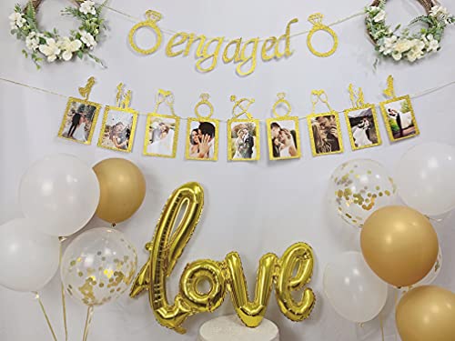 Engagement Wedding Decorations,Gold Engaged Banner, Photo Banner and Set of 12+5 distinctive Balloons for Engagement/Wedding/Anniversary/Valentines Day Party