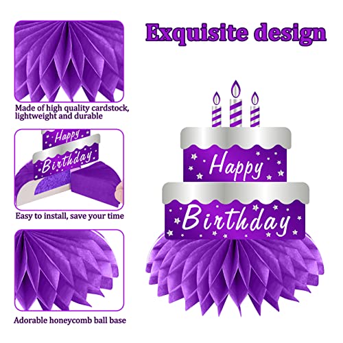 Kauayurk 8Pcs Purple Silver Happy Birthday Decorations Honeycomb Centerpieces for Women, Happy Birthday Table Topper Sign Party Supplies, 16th 21st 30th 40th 50th 60th Birthday Table Decor