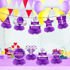 Kauayurk 8Pcs Purple Silver Happy Birthday Decorations Honeycomb Centerpieces for Women, Happy Birthday Table Topper Sign Party Supplies, 16th 21st 30th 40th 50th 60th Birthday Table Decor