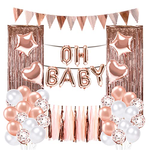 Sekcen Baby Shower Decorations for Girl 69 Pcs Rose Gold Girl Baby Shower Decor Kit with Foil & Confetti Balloons, Tassels, Triangle Flags