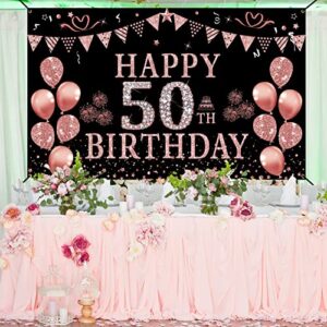 Trgowaul 50th Birthday Decorations Women - Black Rose Gold Happy 50th Birthday Banner Backdrop, 60 Pcs Latex Confetti Balloons and 50 Number Balloons 50 Years Old Birthday Party Supplies Gifts for her