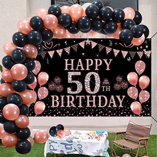 Trgowaul 50th Birthday Decorations Women - Black Rose Gold Happy 50th Birthday Banner Backdrop, 60 Pcs Latex Confetti Balloons and 50 Number Balloons 50 Years Old Birthday Party Supplies Gifts for her