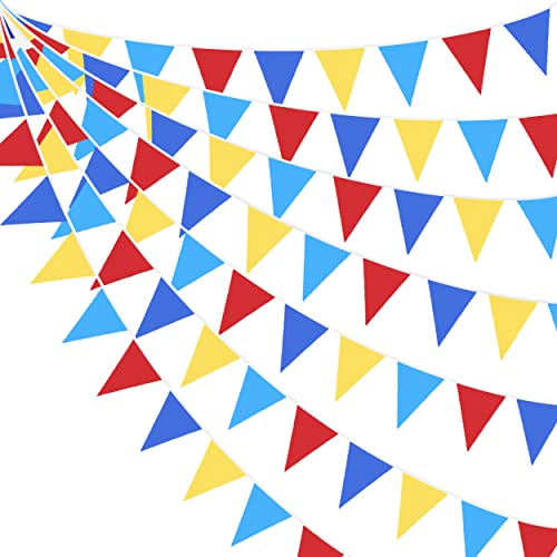 32Ft Red Blue Yellow Party Decorations Carnival Circus Clown Triangle Flag Pennant Bunting Banner Fabric Garland for Kids Birthday Baby Shower Wedding Outdoor Garden Festivals Hanging Decorations