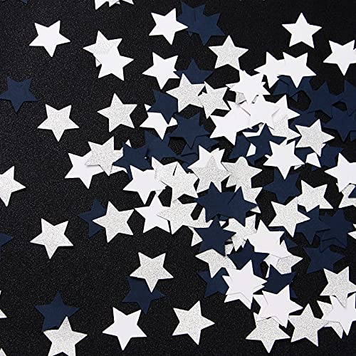 300pcs Navy Blue White Silver Paper Confetti,Glitter Twinkle Little Star Table Confetti,Birthday Graduation 2023 Fathers Day Wedding Baby Shower Party Decorations Circle Dots Lasting Surprise