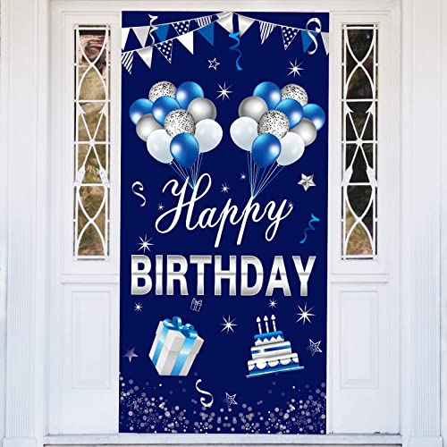 Blue Silver Happy Birthday Door Banner Decorations for Men Boys, Happy Birthday Door Cover Sign Party Supplies, 16th 21st 30th 40th 50th 60th Birthday Background Photo Booth Decor