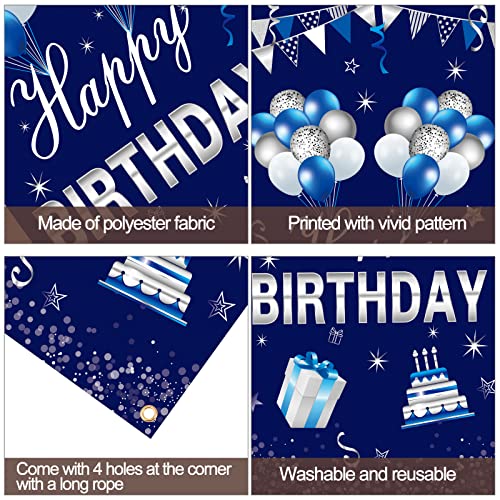 Blue Silver Happy Birthday Door Banner Decorations for Men Boys, Happy Birthday Door Cover Sign Party Supplies, 16th 21st 30th 40th 50th 60th Birthday Background Photo Booth Decor