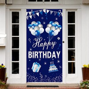 Blue Silver Happy Birthday Door Banner Decorations for Men Boys, Happy Birthday Door Cover Sign Party Supplies, 16th 21st 30th 40th 50th 60th Birthday Background Photo Booth Decor