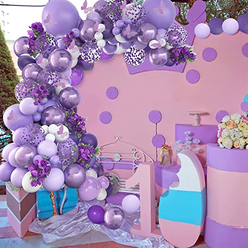 Purple Balloons Garland Kit, 92pcs Lavender Balloons Eggplant Balloons Metallic Purple Balloons Arch Different Sizes 18'' 12'' 10'' 5'' for Women Girls Birthday, Purple Theme Party Decorations