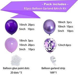 Purple Balloons Garland Kit, 92pcs Lavender Balloons Eggplant Balloons Metallic Purple Balloons Arch Different Sizes 18'' 12'' 10'' 5'' for Women Girls Birthday, Purple Theme Party Decorations