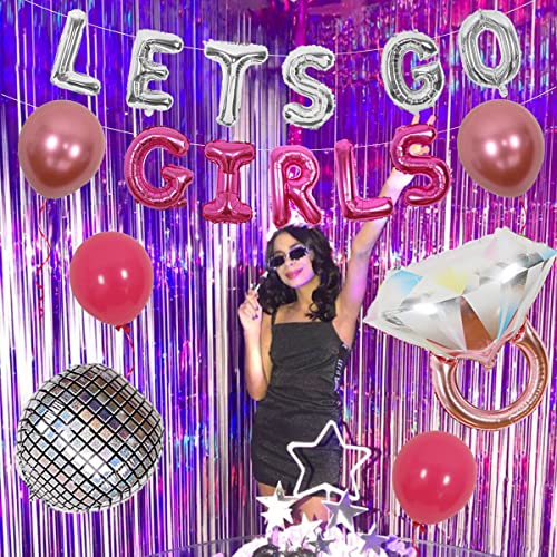 Western Cowgirl Let's Go Girls Bachelorette Party Decoration Hot Pink Nashville Bridal Shower Bachelorette Balloon Garland with Lets Go Girls Banner Ring Disco Balloon for Western Bridal Shower