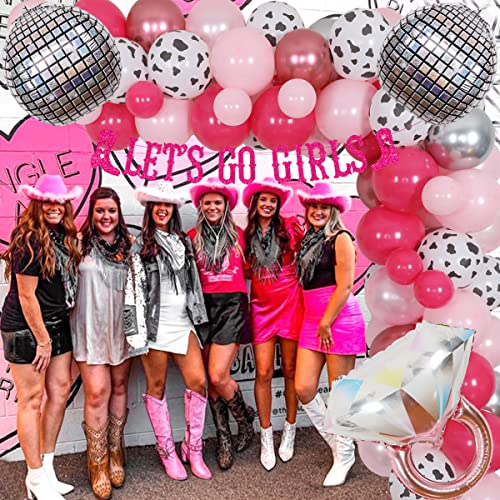 Western Cowgirl Let's Go Girls Bachelorette Party Decoration Hot Pink Nashville Bridal Shower Bachelorette Balloon Garland with Lets Go Girls Banner Ring Disco Balloon for Western Bridal Shower