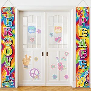 blulu 60’s party scene setters hippie wall decoration, 60s porch sign groovy party door sign for 1980s theme party rock star birthday decoration rainbow backdrop photo props