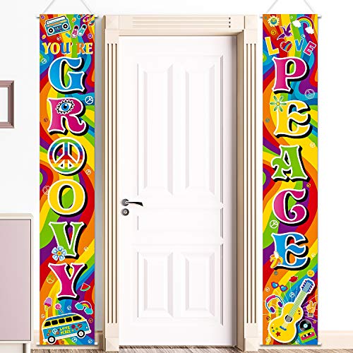 Blulu 60's Party Scene Setters Hippie Wall Decoration, 60s Porch Sign Groovy Party Door Sign for 1980s Theme Party Rock Star Birthday Decoration Rainbow Backdrop Photo Props