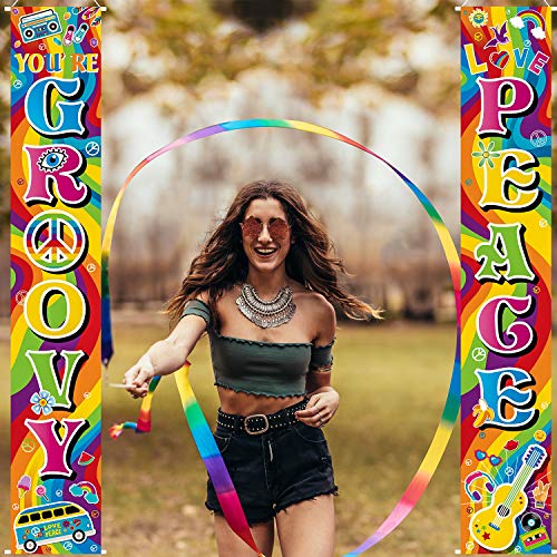 Blulu 60's Party Scene Setters Hippie Wall Decoration, 60s Porch Sign Groovy Party Door Sign for 1980s Theme Party Rock Star Birthday Decoration Rainbow Backdrop Photo Props