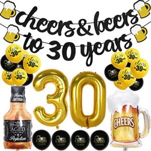 30th birthday decorations for men women, 30 years anniversary decorations-cheers & beers to 30 years banner thirty sign latex balloon 32 inch “30” gold balloon 35 inch cheers beers cups foil balloon for 30th wedding party supplie