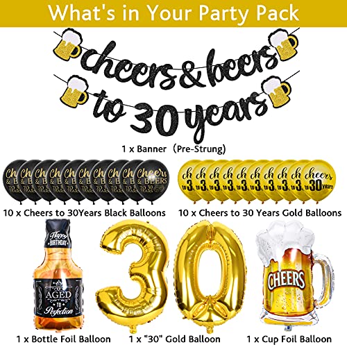 30th Birthday Decorations for Men Women, 30 Years Anniversary Decorations-Cheers & Beers to 30 Years Banner Thirty Sign Latex Balloon 32 inch "30" Gold Balloon 35 inch Cheers Beers Cups Foil Balloon for 30th Wedding Party Supplie