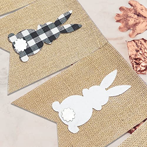 Doumeny Easter Plaid Burlap Banner Buffalo Check Rabbit Bunny Banner Jute White Rabbit Bunting Garland Happy Easter Banner Garland Spring Easter Party Banner for Mantle Fireplace Wall Door Party Decor