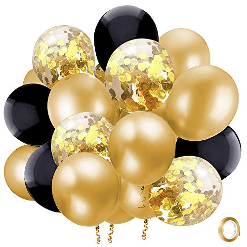 Black Gold Confetti Latex Balloons, 50 Pack 12 inch Gold Metallic Party Balloons with 33 Feet Gold Ribbon for Kids Party Graduation Birthday Party Decorations.