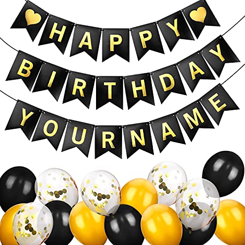 Happy Birthday Banner, Personalized Name Happy Birthday Decorations Black and Gold with 2 Sets A-Z Letters Multi Occasion Bunting Sign Confetti Balloons for Men Women Boys Girls Kids